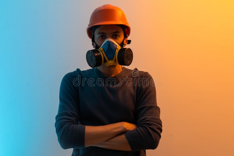 Man in a Mask with a Filter and a Helmet Stock Image - Image of helmet ...