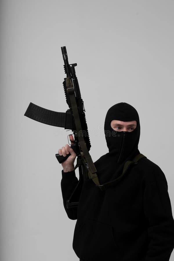 Man in Mask with Gun on White Background Stock Photo - Image of danger ...
