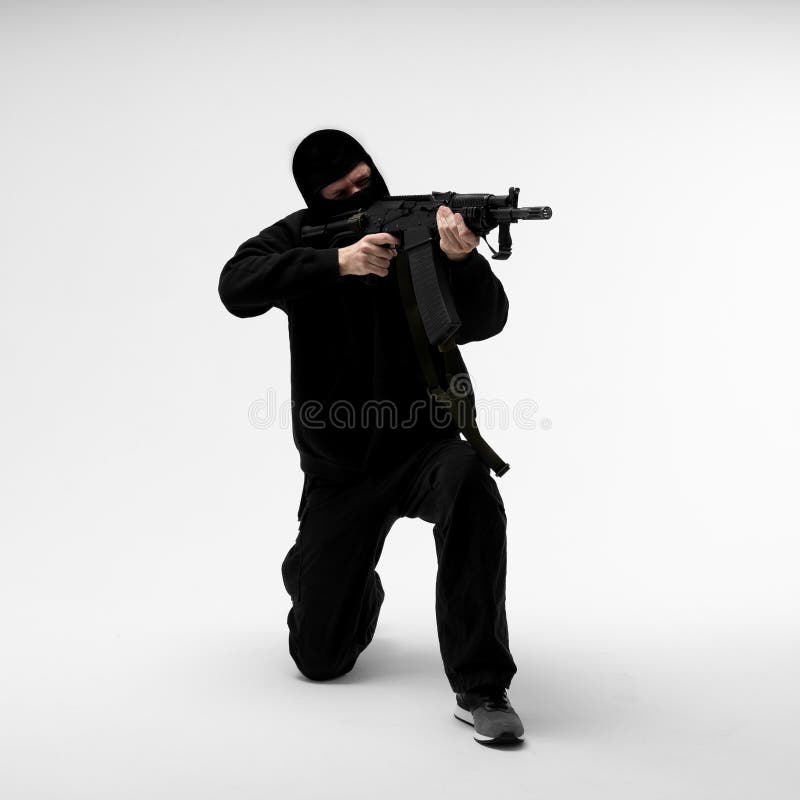 Man in Mask with Gun on White Background Stock Image - Image of ...