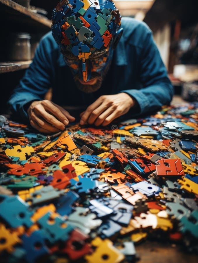 A Man with a Puzzled Head is Working on a Puzzle, AI Stock Illustration ...