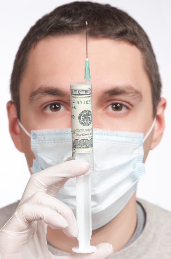 Man in Mask Holding Money Syringe Closeup Stock Image - Image of hold ...