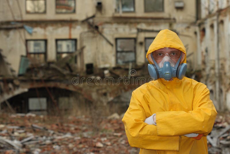 Man with Mask and Protective Clothes Explores Danger Area R Stock Photo ...