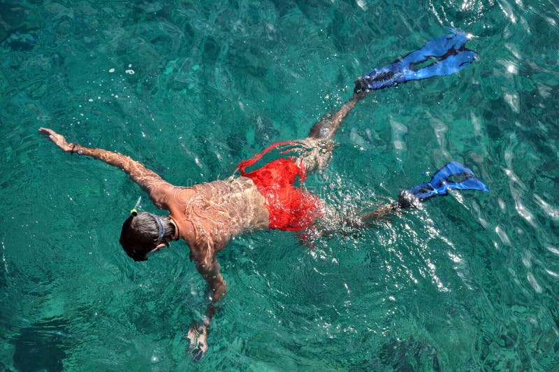 Man with Mask Snorkeling and in Blue Water Stock Image - Image of ...