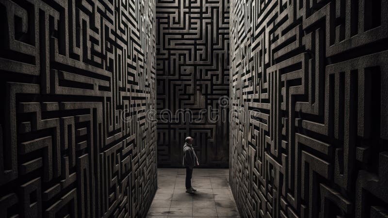 Man in Maze is Looking for Way. Generative AI Stock Illustration ...