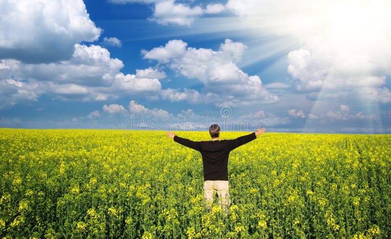 Man in meadow. stock image. Image of field, cloud, active - 20804355