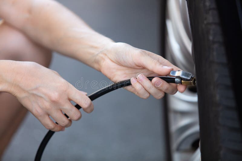Man Measure Quantity Inflated in Rubber Tires Stock Image - Image of ...