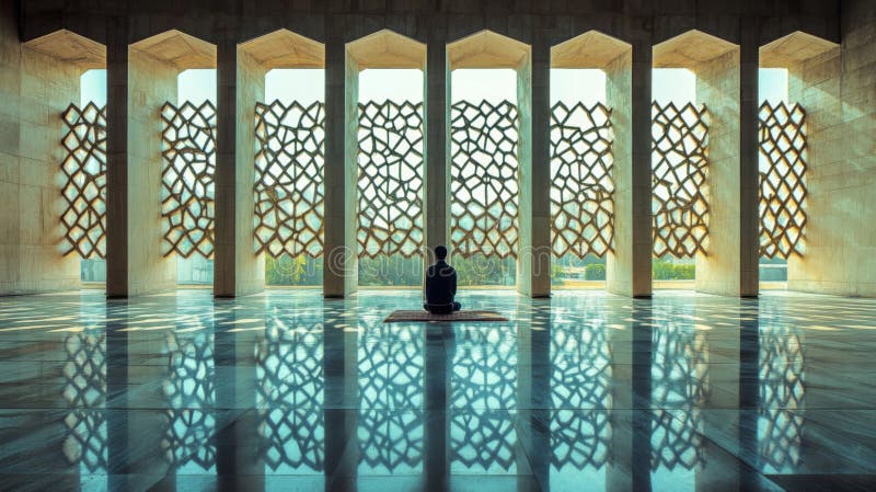 Man Meditates before Serene Mosque Windows Stock Illustration ...