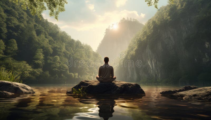 Man Meditating in Beautiful Natural Landscape Stock Image - Image of ...