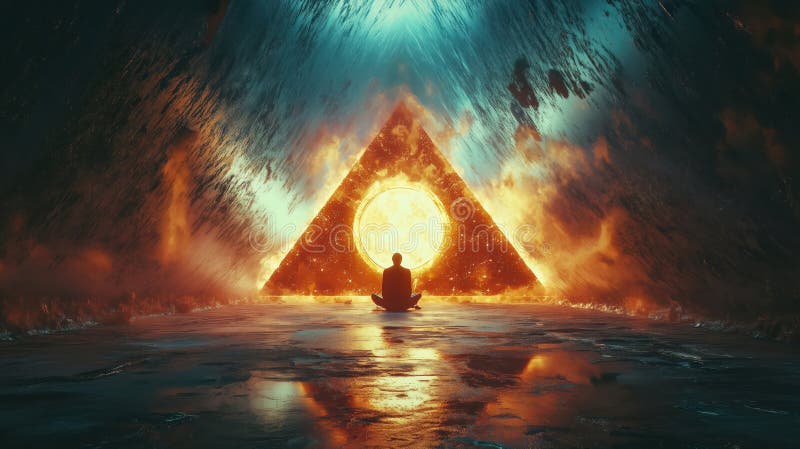 Man Meditating in Front of Giant Triangular Portal with Bright Light ...