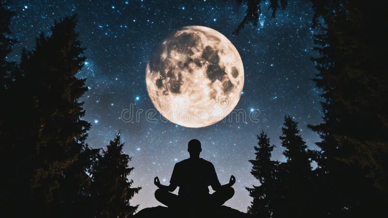 Man Meditating Outdoors at Night Under a Full Moon Stock Photo - Image ...