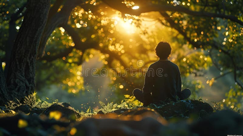 A Man Meditating on the Side of a Hill, Sitting in Meditation in the ...