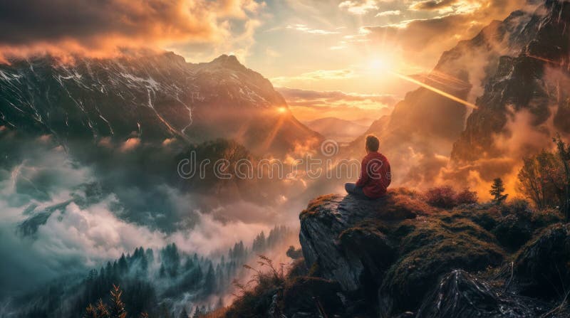 Man Meditating on the Top of a Mountain with Beautiful Sunrise in the ...