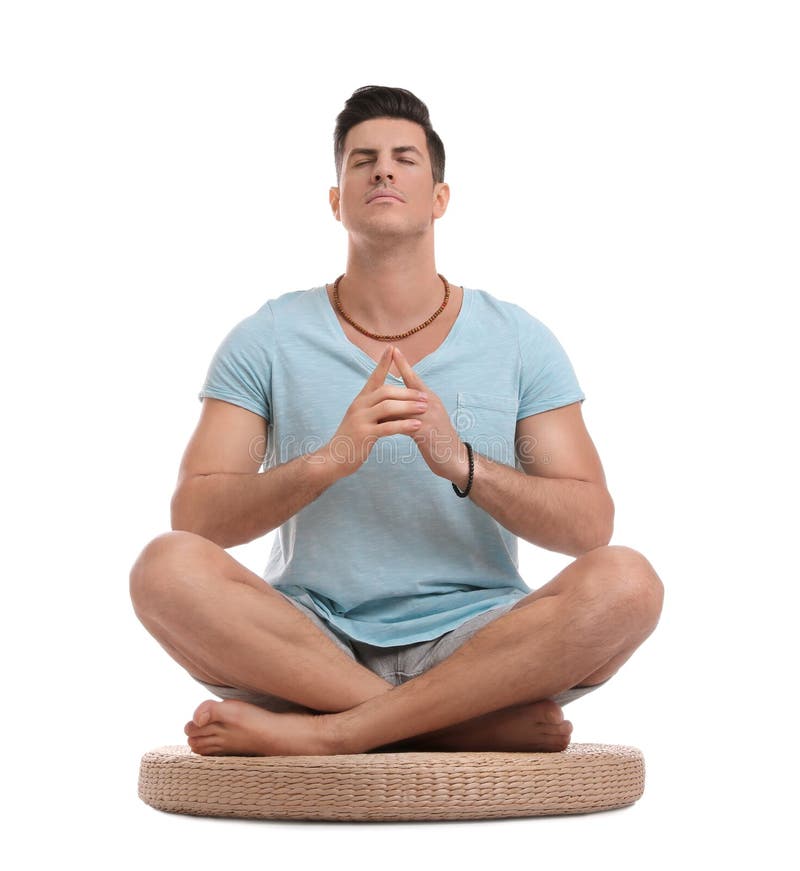 Man Meditating on White Background, Closeup. Harmony and Zen Stock ...