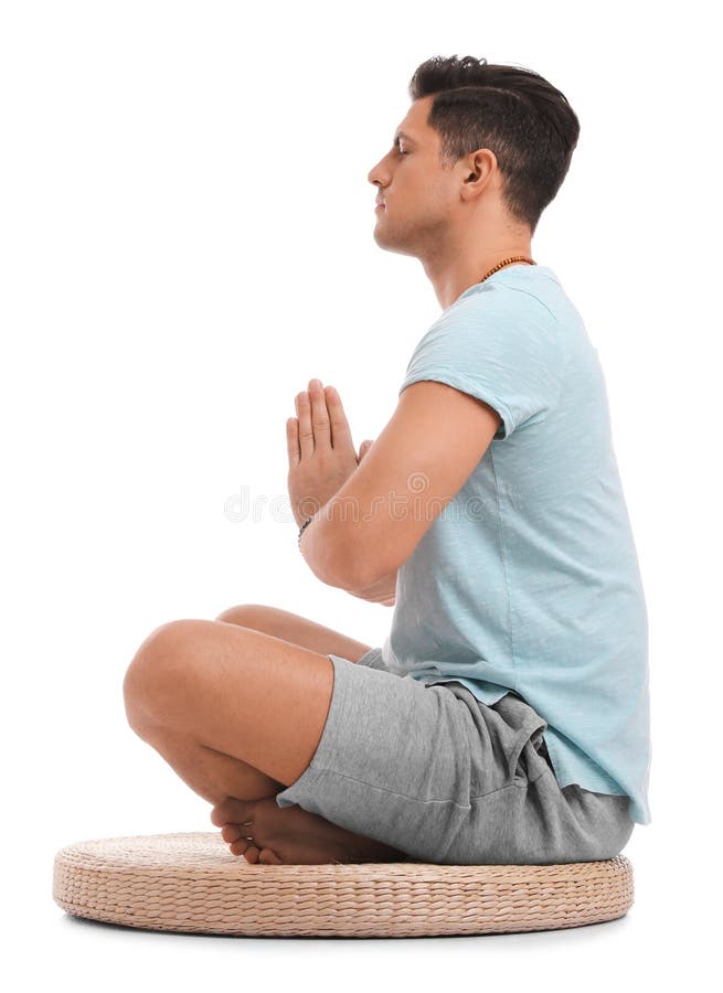 Man Meditating on White Background, Closeup. Harmony and Zen Stock ...