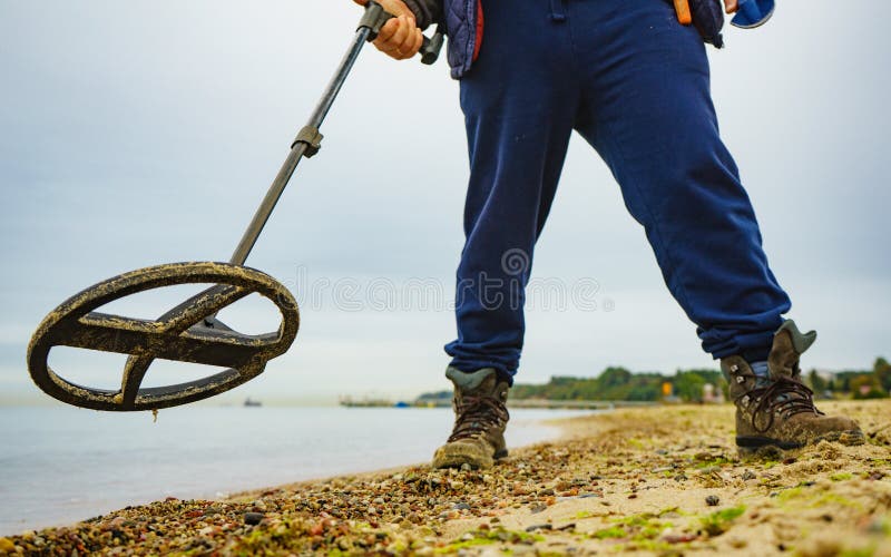 Man with Metal Detector on Sea Beach Stock Photo - Image of devic, coin ...