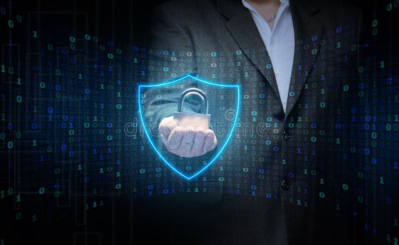 A Man with a Metal Lock Stands in Front of a Virtual Screen with a ...