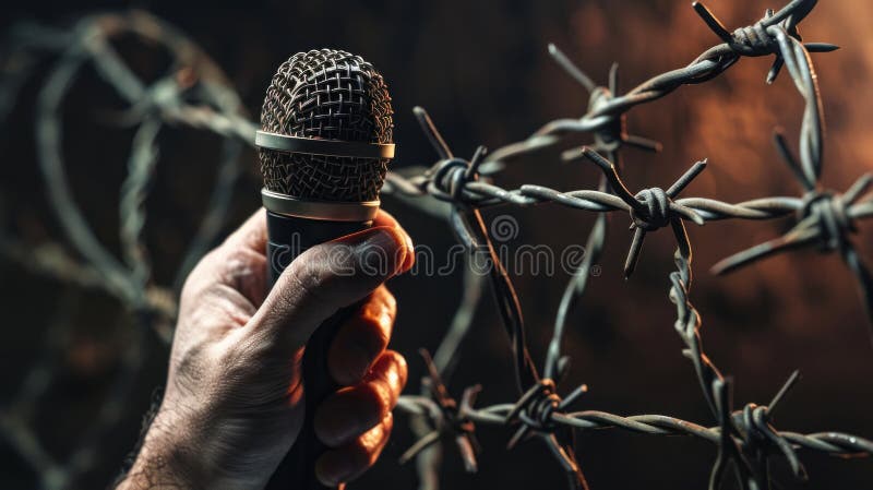 A Man with a Microphone in Front of Barbed Wire, Symbolizing the ...