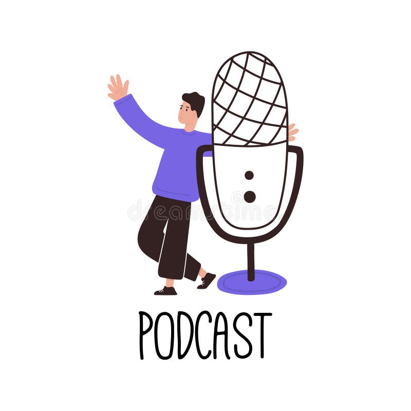 Male Podcaster Talking To Microphone Recording Podcast Isolated Cartoon ...
