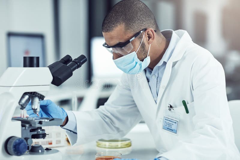 Man, Microscope and Scientist at Lab for Study, Test and Blood Sample ...