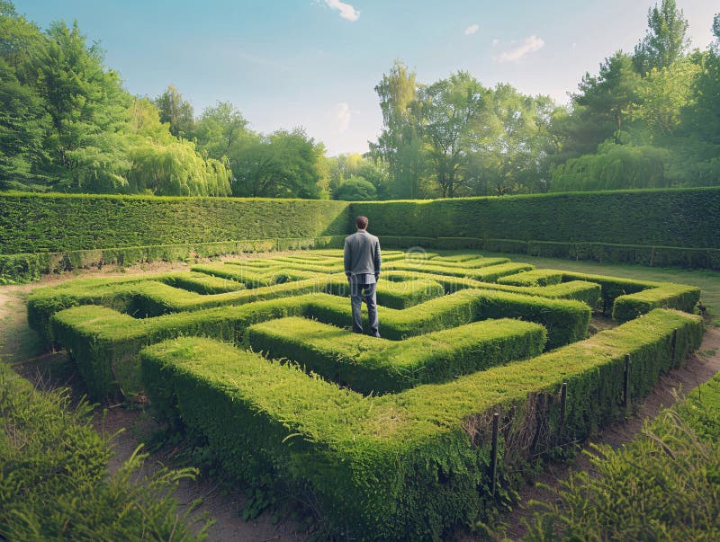 A Man in the Middle of a Green Maze. Artificial Intelligence. Stock ...