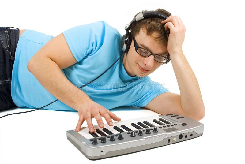 Man with Midi Keyboard and Headphones Standing Stock Photo - Image of ...