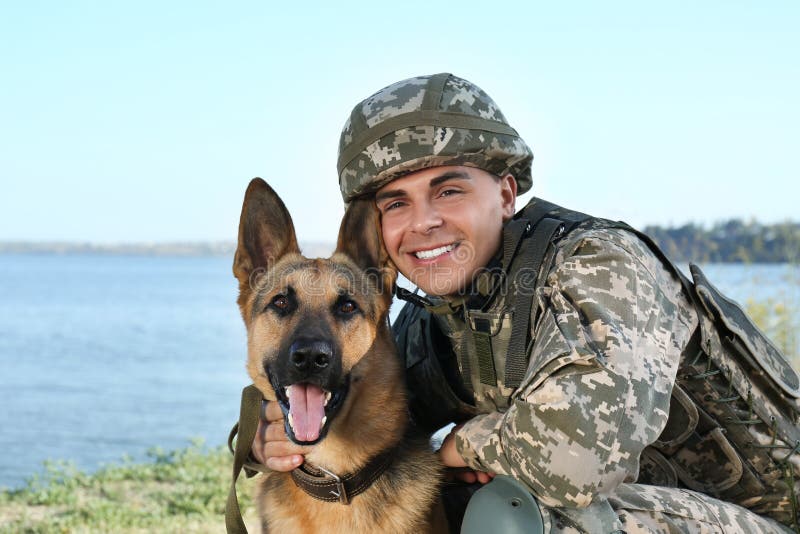 Man in Military Uniform with German Shepherd Dog Stock Photo - Image of ...