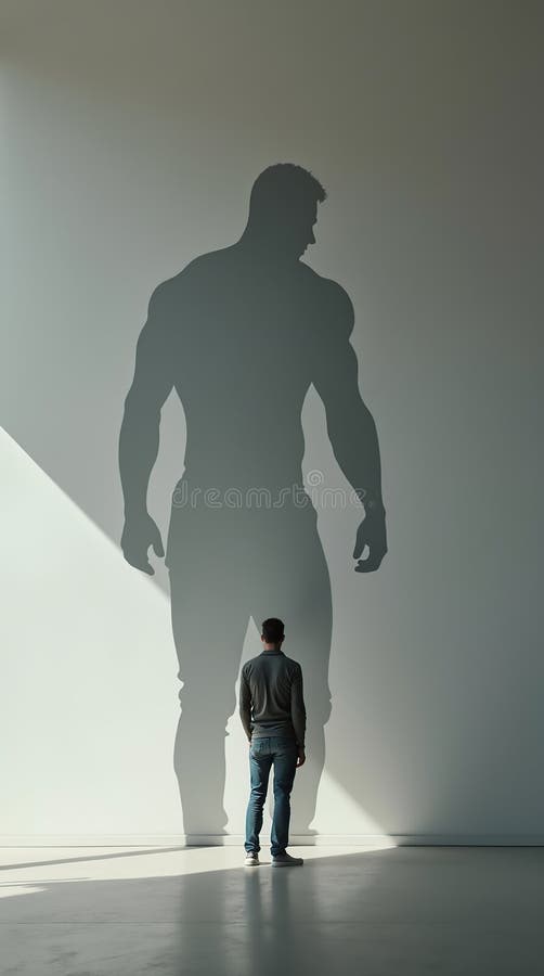 Man in Minimalist Room Casting Dramatic Oversized Shadow Depicting ...