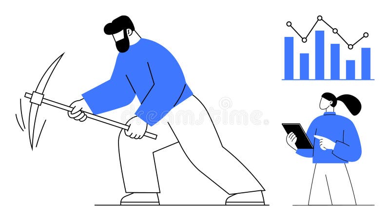 Man Mining Data with Pickaxe and Woman Analyzing Graph on Tablet with ...