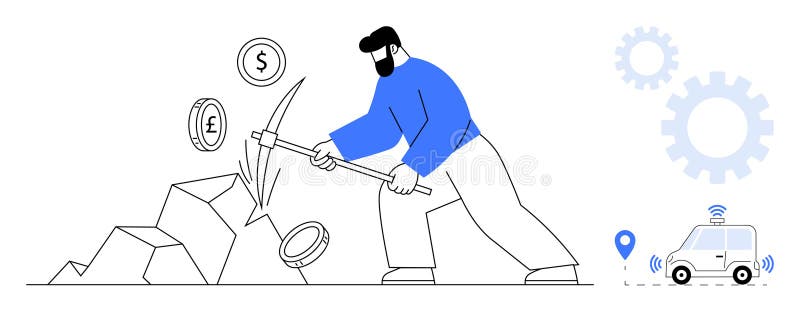 Man Mining for Digital Currencies Using Pickaxe with Automated Vehicle ...