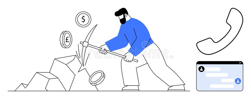 Man Mining with Pickaxe for Currency Coins Next To Communication ...
