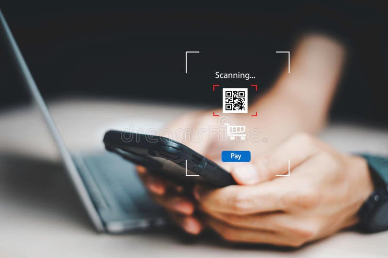 Man Mobile Phone Scanning QR Code To Pay in Online Shopping with Black ...