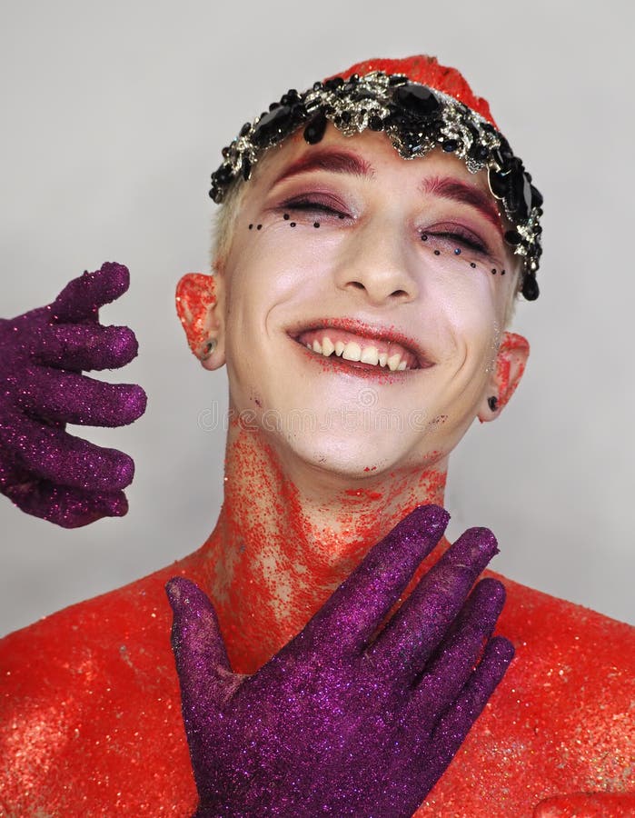 Man Model at Red Art Make-up with Green Laughing Stock Image - Image of ...