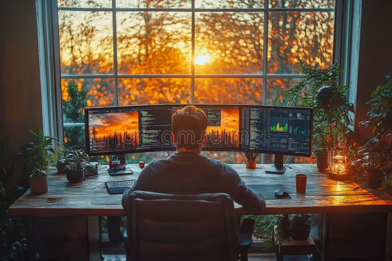 Man in Modern Office Analyzing Data on Tablet during Sunset Stock Photo ...