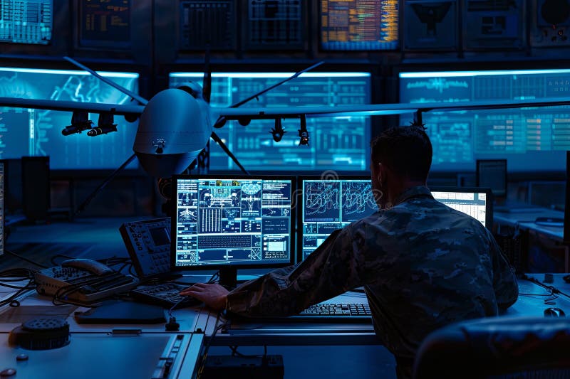 A Man in a Modern Office Sitting at a Desk with Two Computer Monitors ...