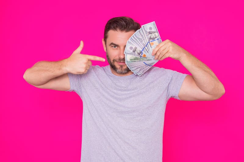 Man with Money 100 Dollar Bill on Pink. Stock Image - Image of prize ...