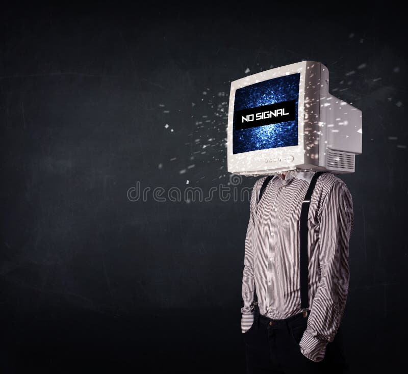 Man with a Monitor Head, No Signal Sign on the Display Stock Photo ...