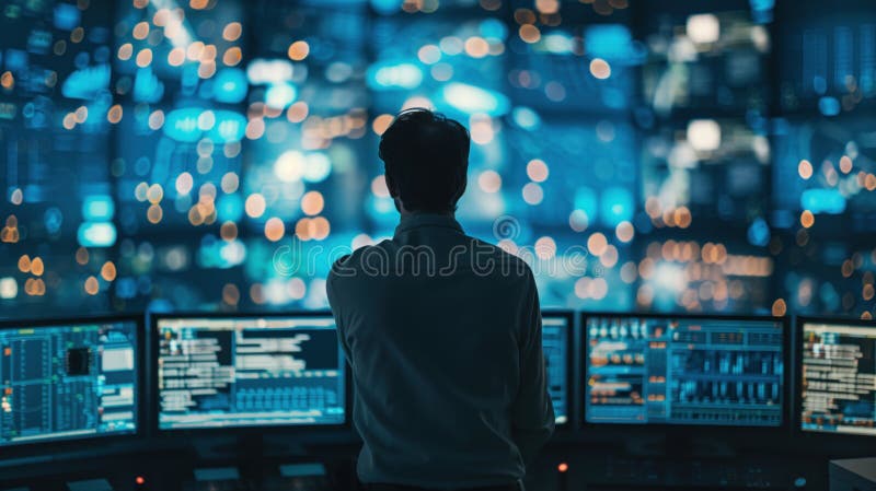 Man Monitoring Advanced Control Room Technology at Night. Stock ...