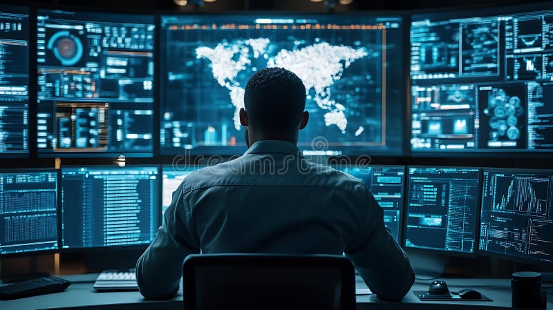 Man Monitoring Global Data On Multiple Computer Screens Cybersecurity