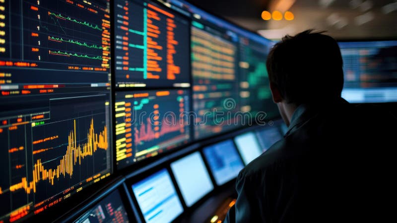 Man Monitoring Multiple Screens Displaying Data Graphs and Codes in a Dark Control Room Stock ...