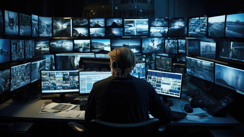 Man in Monitoring Security Cameras on Screens Stock Illustration ...