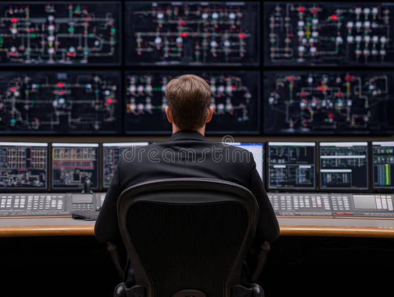 Man Examines Multiple Digital Control Panels and Complex Data Displays ...