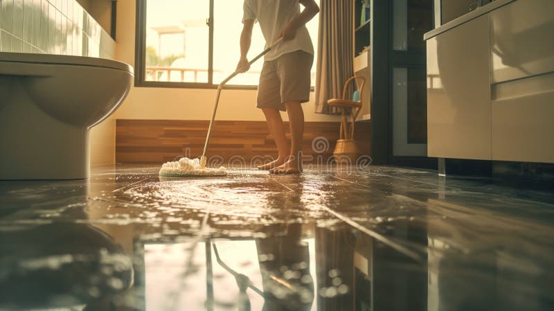 Man Mopping the Floor in His Bathroom Stock Photo - Image of middleaged ...