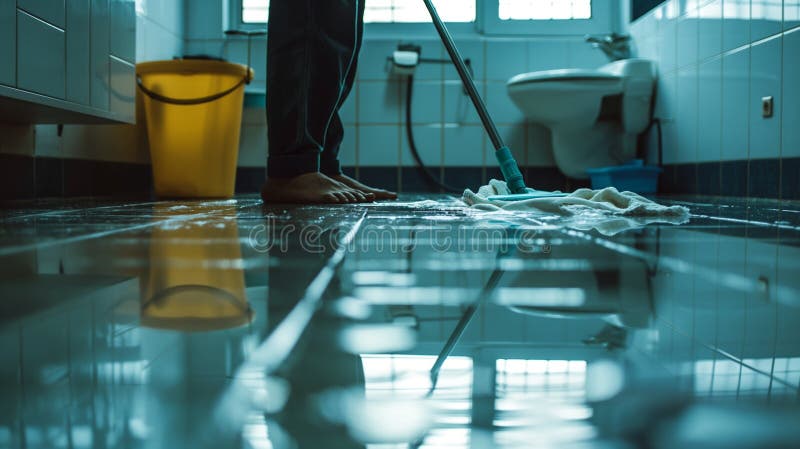 Man Mopping the Floor in His Bathroom Stock Photo - Image of middleaged ...