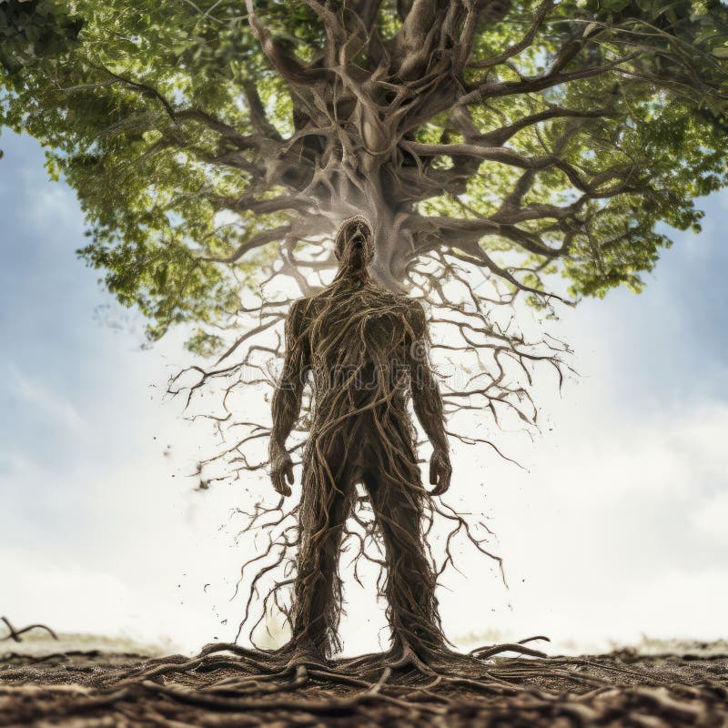 A Man Morphing into a Tree with Roots Growing from His Feet an Stock ...
