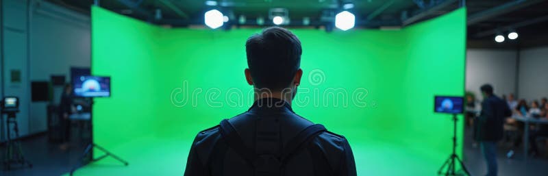 Man in Motion Capture Suit Stands before Green Screen in High-tech ...