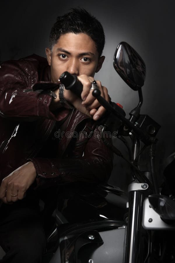 Man with Motorcycle stock image. Image of black, leather - 12567907