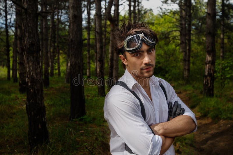 Man with Motorcycle Goggles and Gloves Stock Photo - Image of fashion ...
