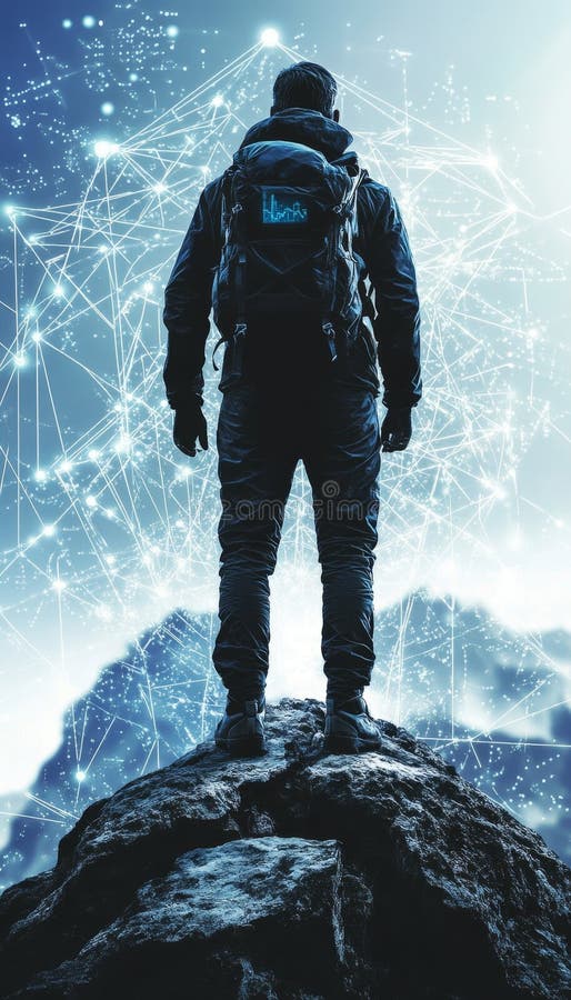 Man on Mountain Peak with Network Connection, Symbolizing Tech ...