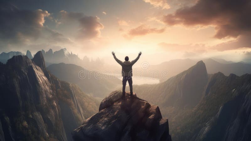 Man on the Mountain Standing with His Hands Up Stock Image - Image of ...
