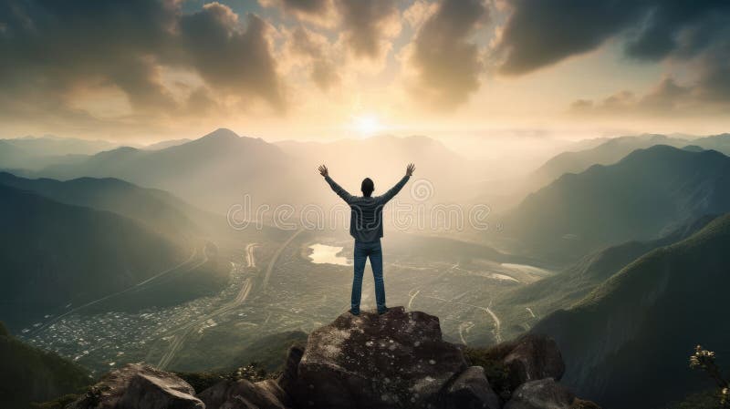 Man on the Mountain Standing with His Hands Up Stock Photo - Image of ...